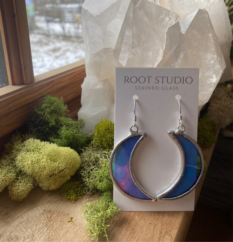 Crescent Moon Stained Glass Earrings - Iridescent Purple – Root Studio